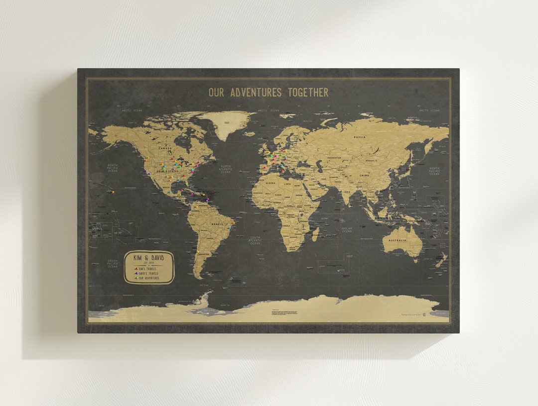 Black and Gold World Travel Map: Push Pin Canvas Wall Art - Etsy