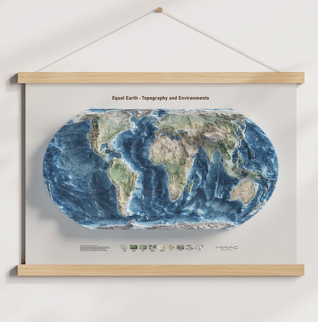 World Map - Equal Earth - Terrain and Elevation - Hydrography and ...