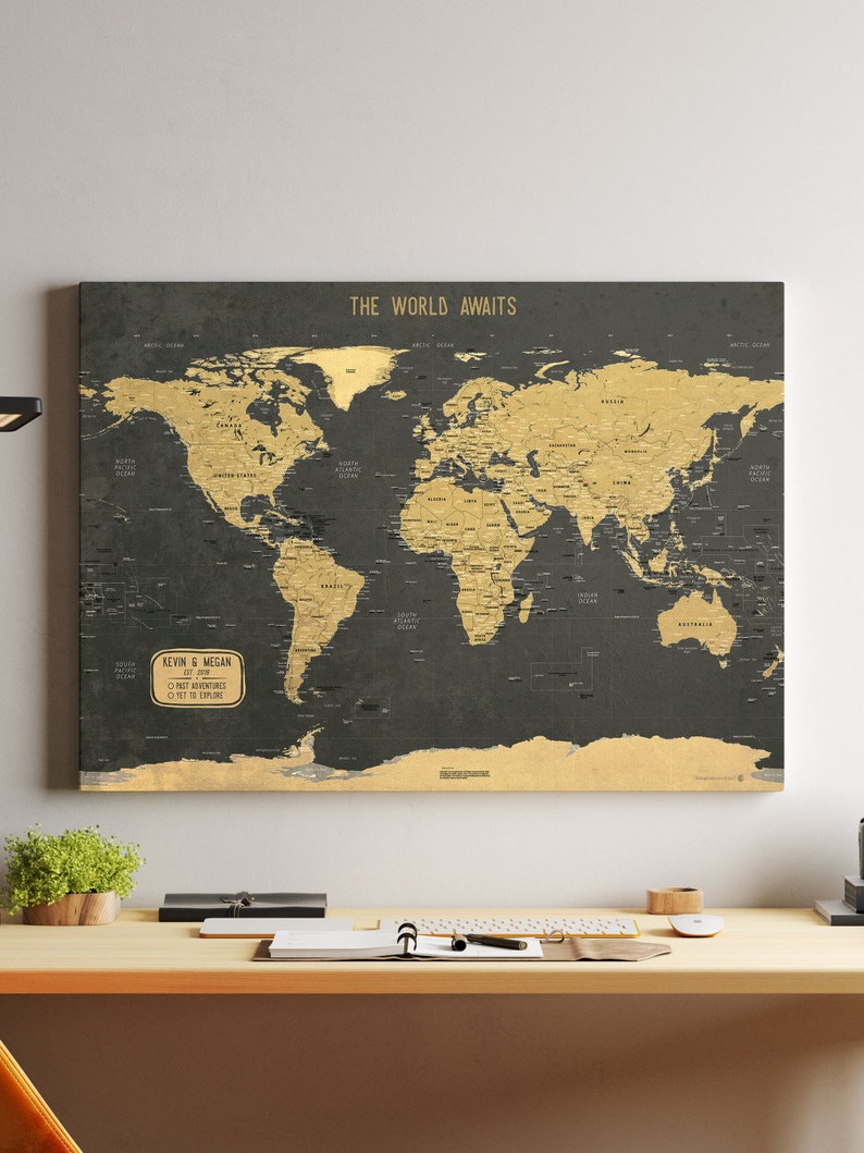 Black and Gold World Travel Map: Push Pin Canvas Wall Art - Etsy