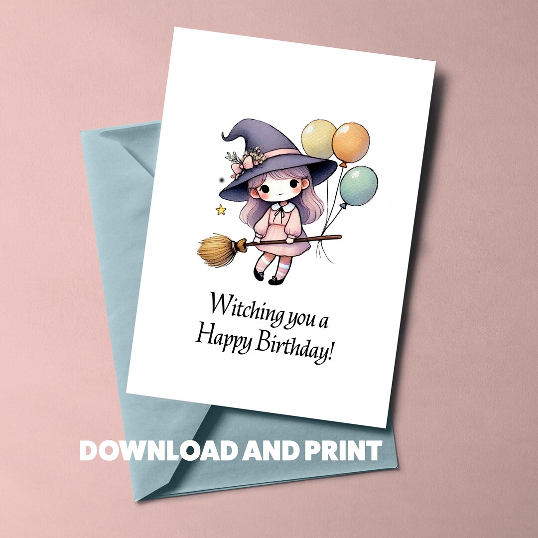 Cute Witch Birthday Card – Digital Download – Chibi Watercolor Witch ...