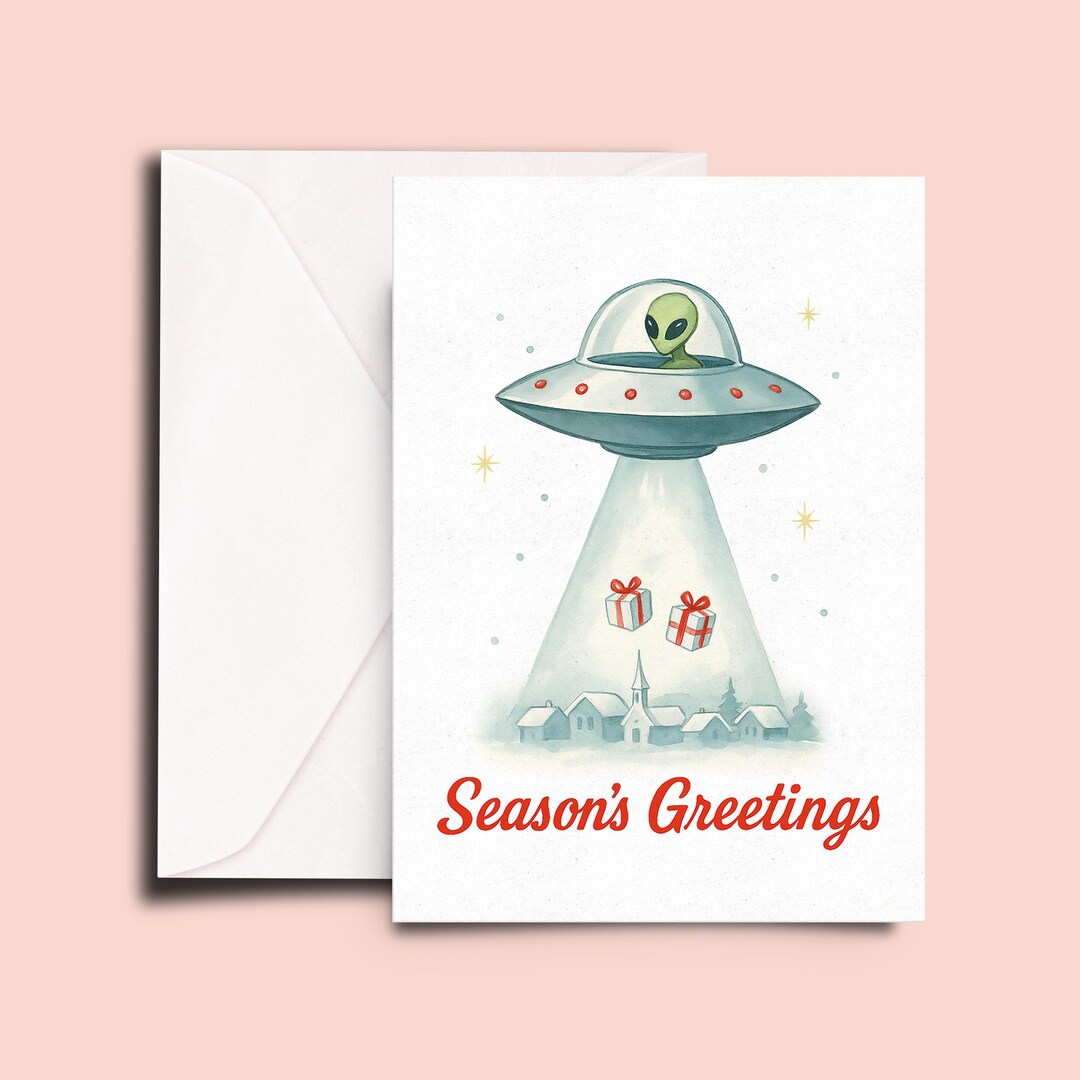 Alien Christmas Card | UFO Holiday Card | Funny Sci-fi Greeting | Retro ...