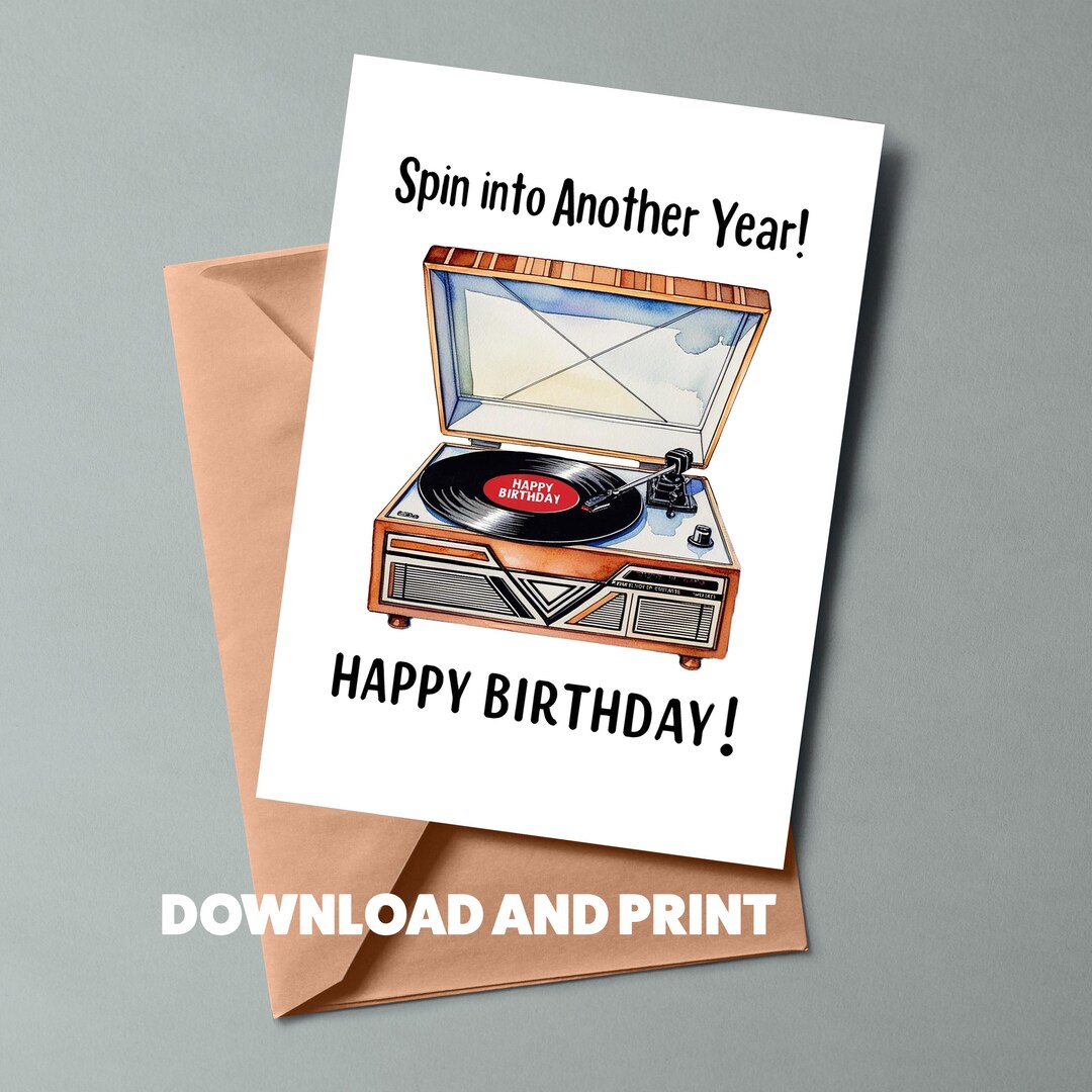Retro Vinyl Record Player Birthday Card Spin Into Another Year Digital ...