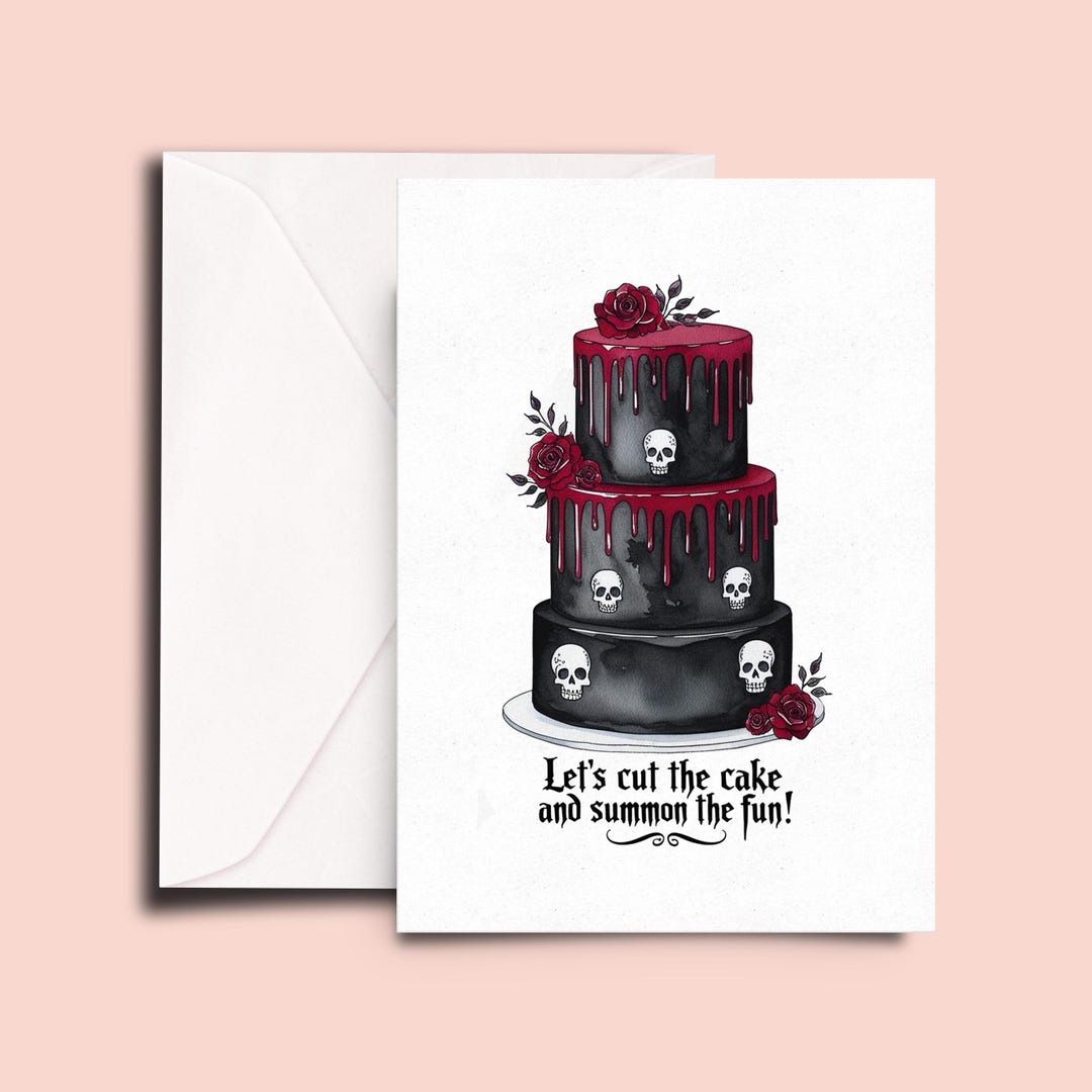 Gothic Birthday Card - Black Cake With Skulls and Roses - Macabre Party ...
