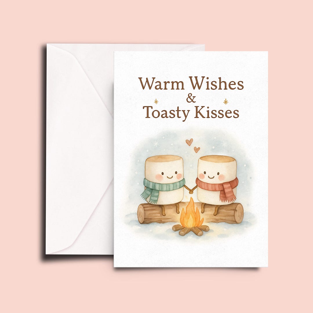 Warm Wishes & Toasty Kisses Christmas Card – Cute Marshmallow Couple ...
