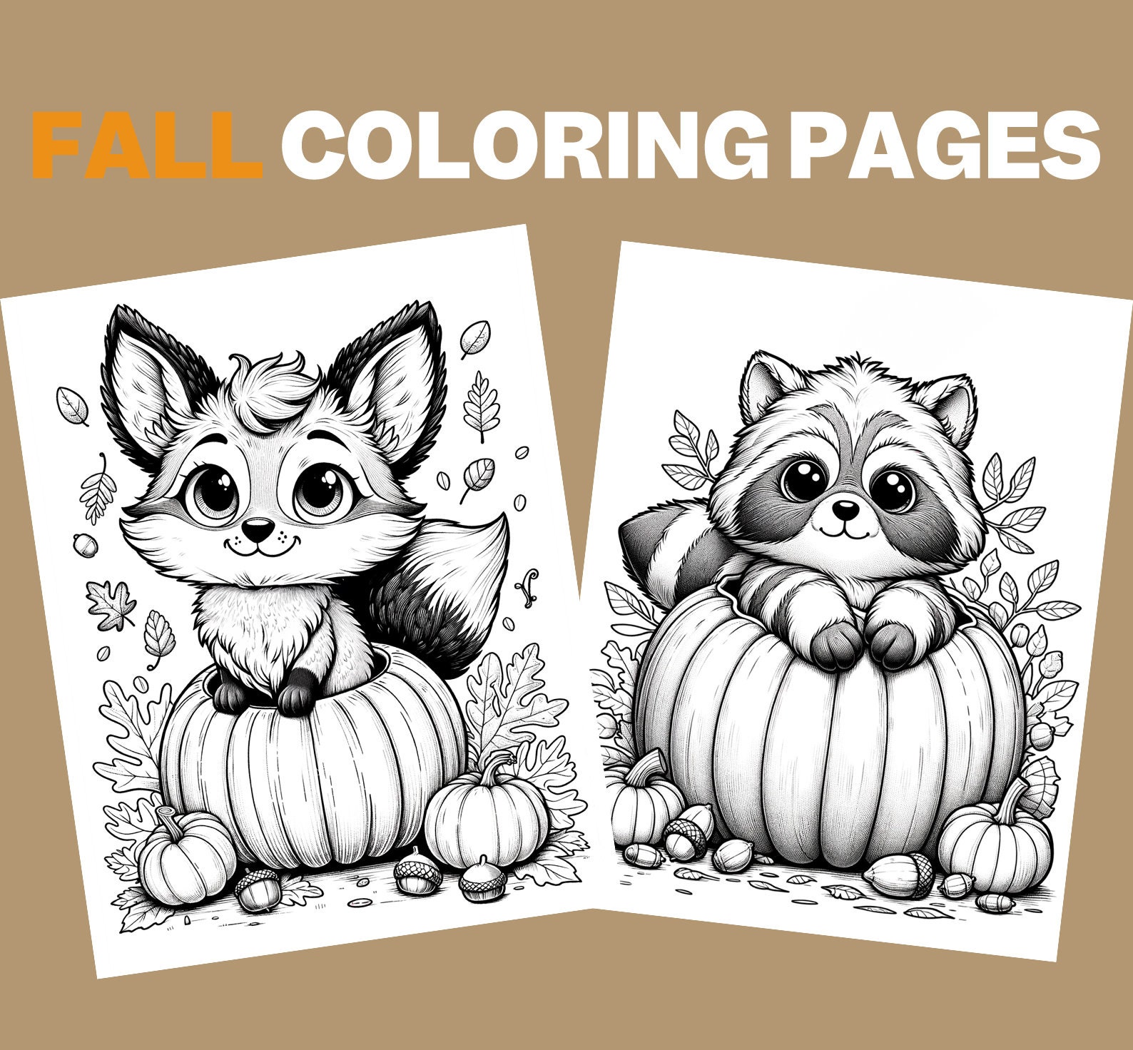 Cute Fall Animal Coloring Pages, Raccoon and Fox, Pumpkins, Autumn ...