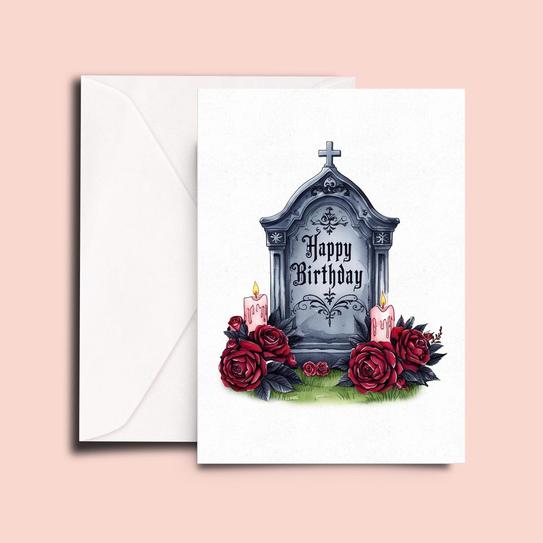 Gothic Birthday Card - Graveyard Elegance - Tombstone With Roses and ...