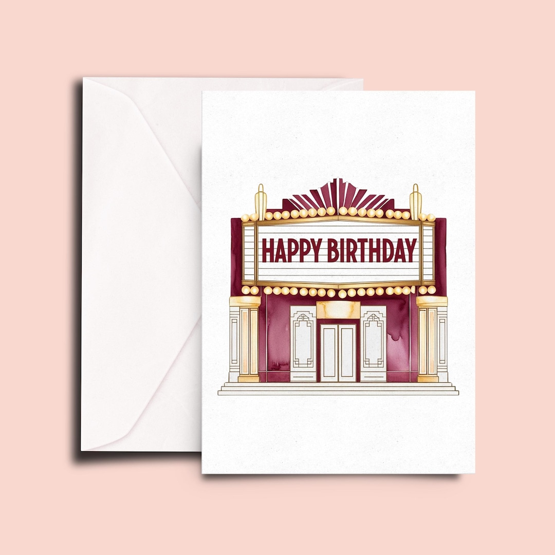 Retro Movie Theater Birthday Card, Hollywood Cinema Marquee Greeting ...