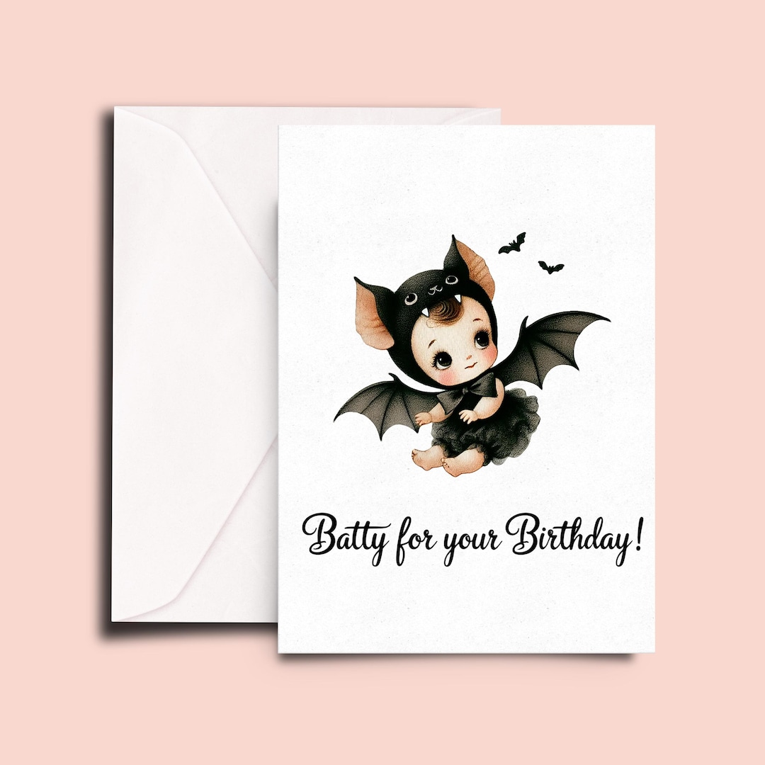 Bat Themed Birthday Card, Cute Bat Baby Card, Kewpie Halloween Birthday ...