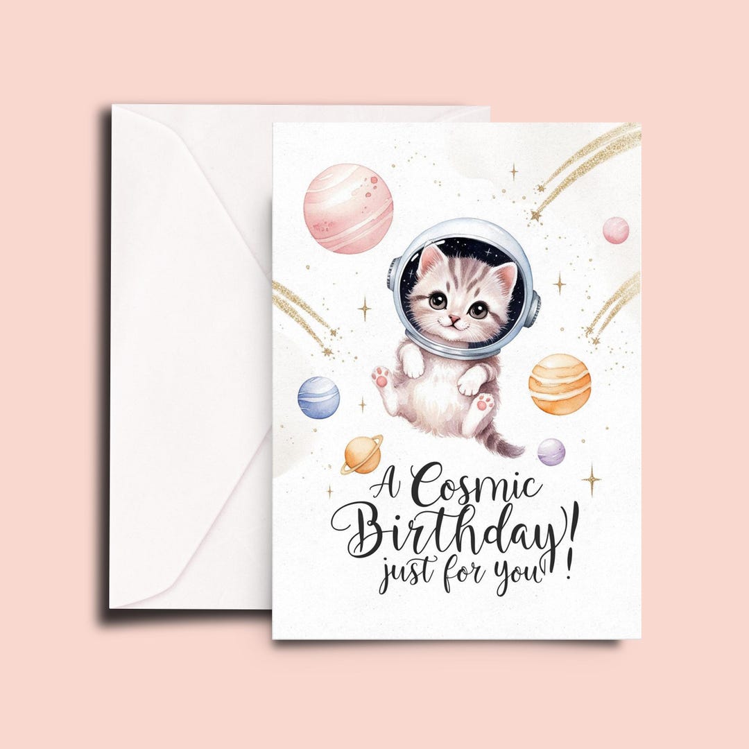 Cute Space Cat Birthday Card, Cosmic Astronaut Kitty Greeting, Funny ...
