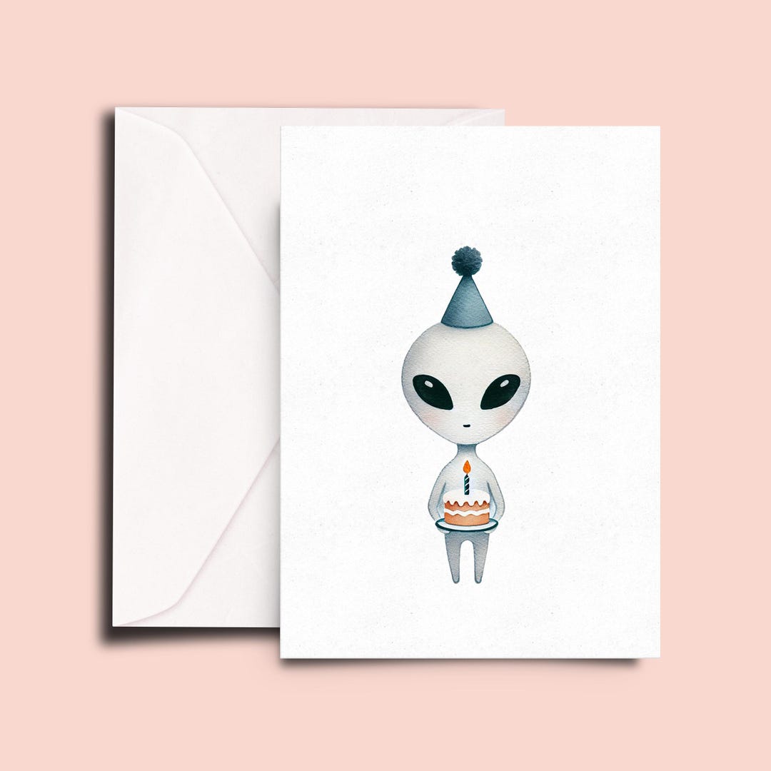Alien Birthday Card - Cute Minimalist Alien With Cake - Fun Birthday ...
