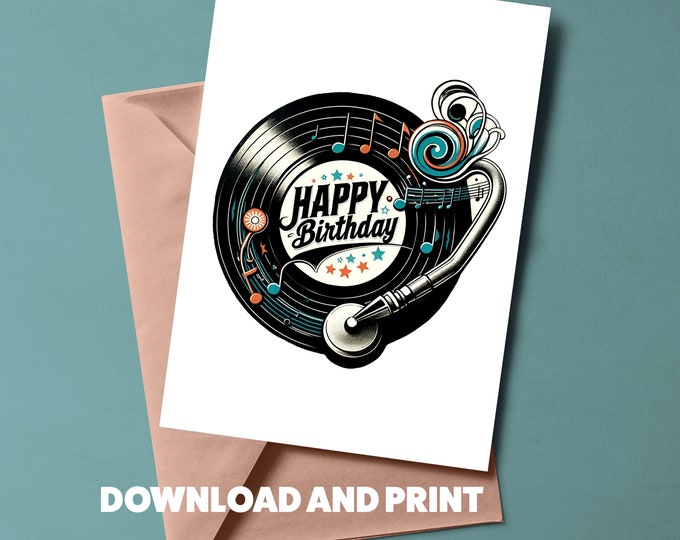 Vinyl Record Birthday Card Digital Download Retro Music Lover Birthday ...