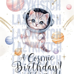 Cute Space Cat Birthday Card, Cosmic Astronaut Kitty Greeting, Funny ...