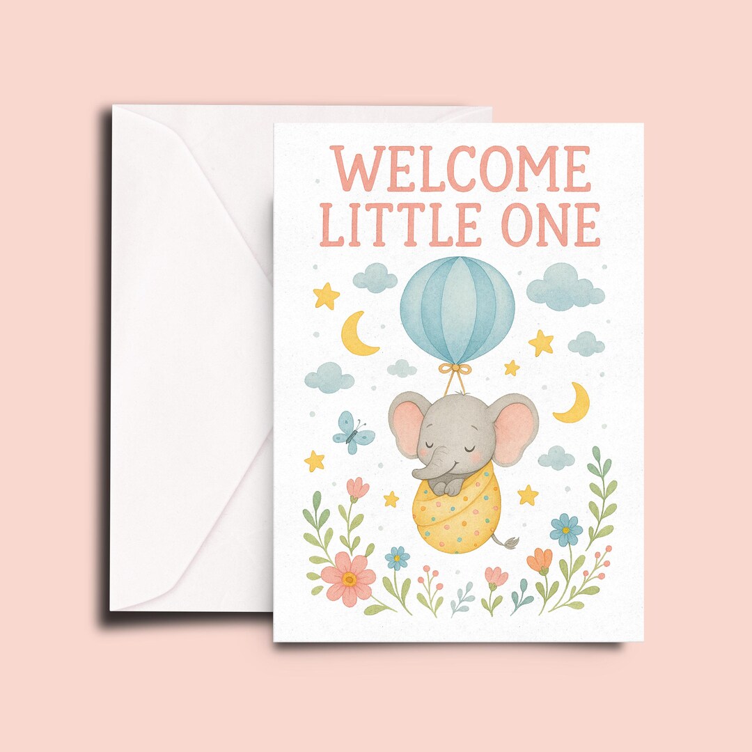 Welcome Little One Baby Elephant Card – Whimsical Baby Shower Greeting ...