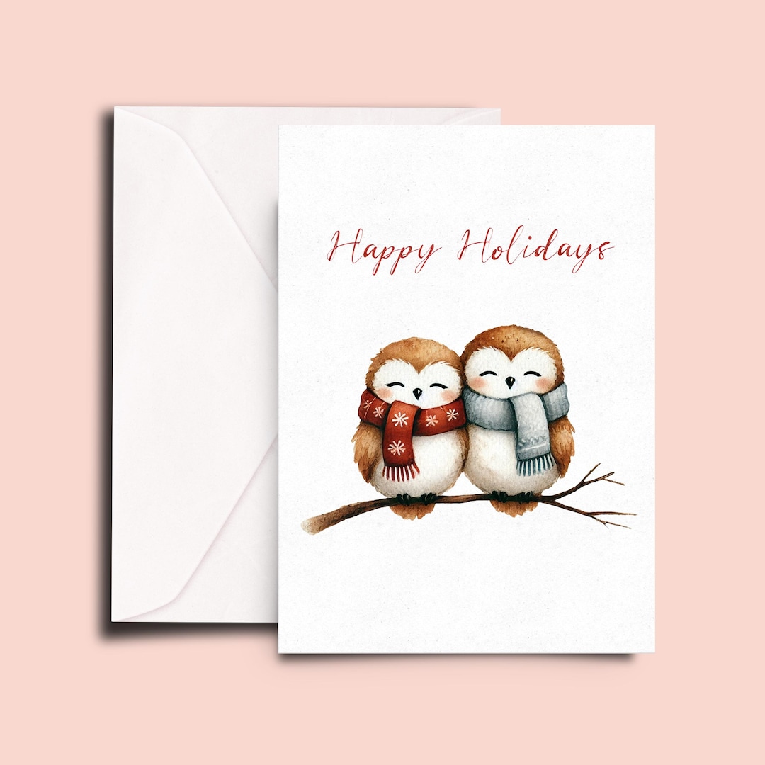 Happy Holidays Owl Card Cute Winter Owl Christmas Card Cozy Holiday ...