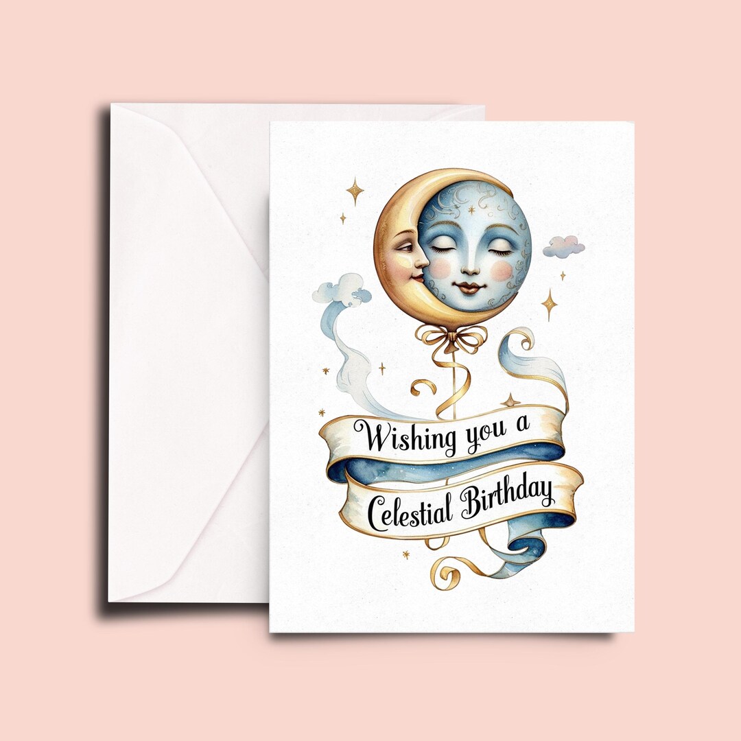 Celestial Birthday Card, Moon and Stars Greeting Card, Vintage Astrology Birthday, Whimsical ...