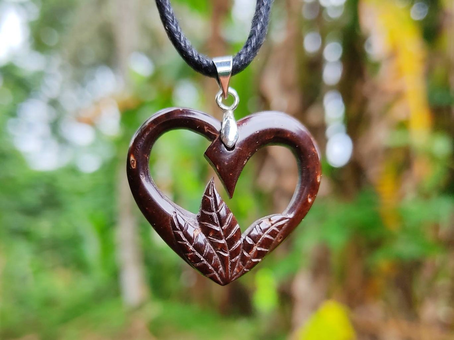 Coconut Shell Heart & Leaf Pendant Necklace - Etsy