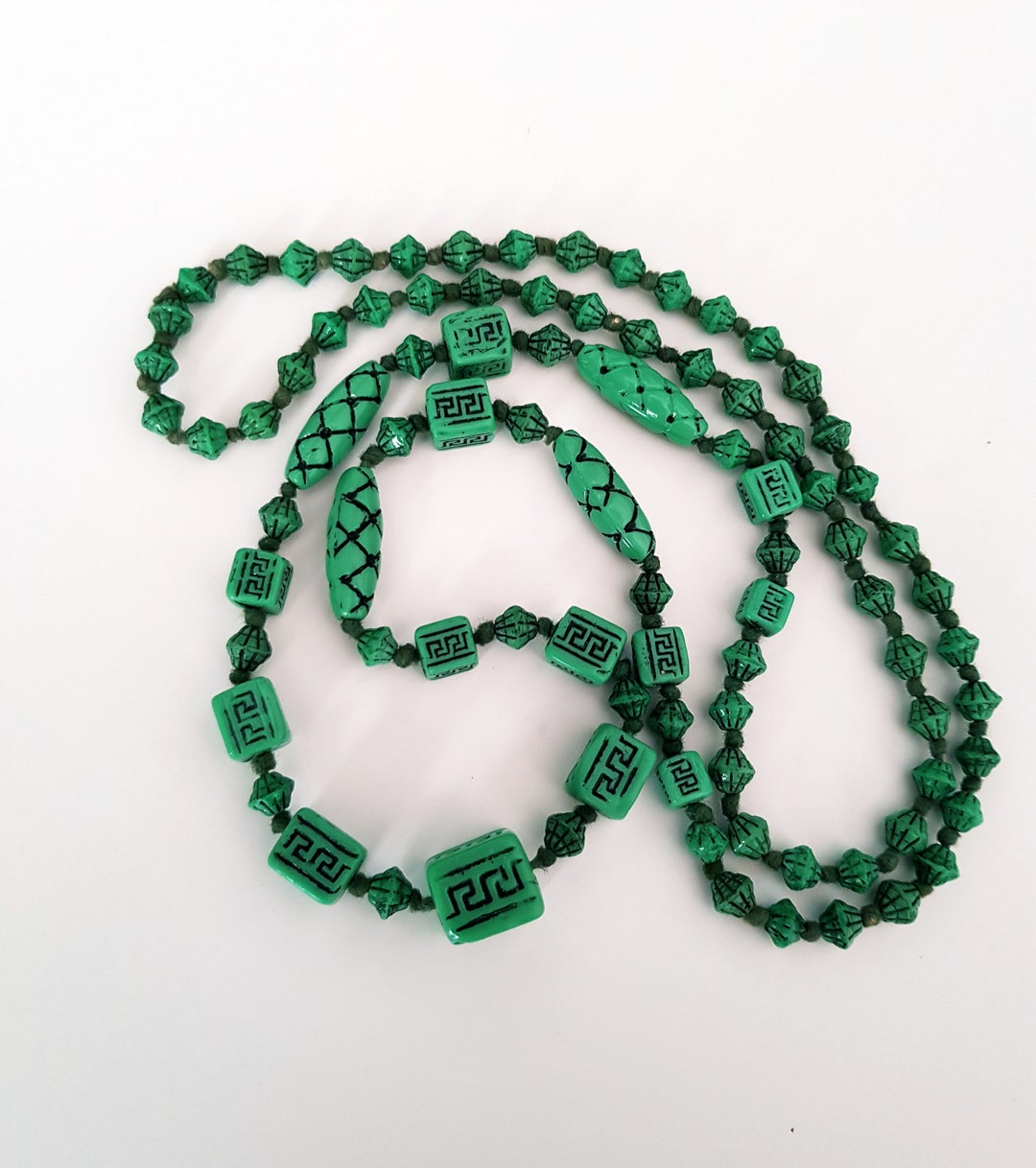 1920s Neiger Brothers, Green Czech Glass, Bead Necklace, Greek Key ...