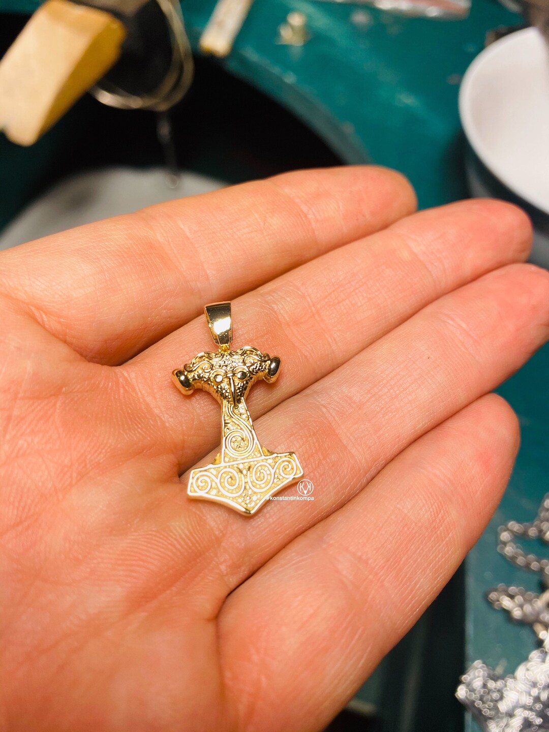 Solid, 14K, Yellow Gold, Double Sided, THOR'S, Hammer, Mjolnir, Norse ...