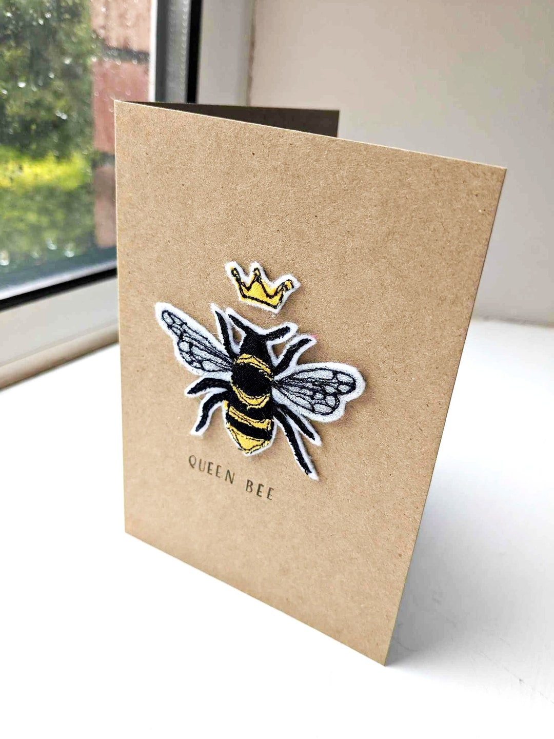 QUEEN BEE Birthday Card - Free Motion Embroidered Bee Motif Mounted on ...