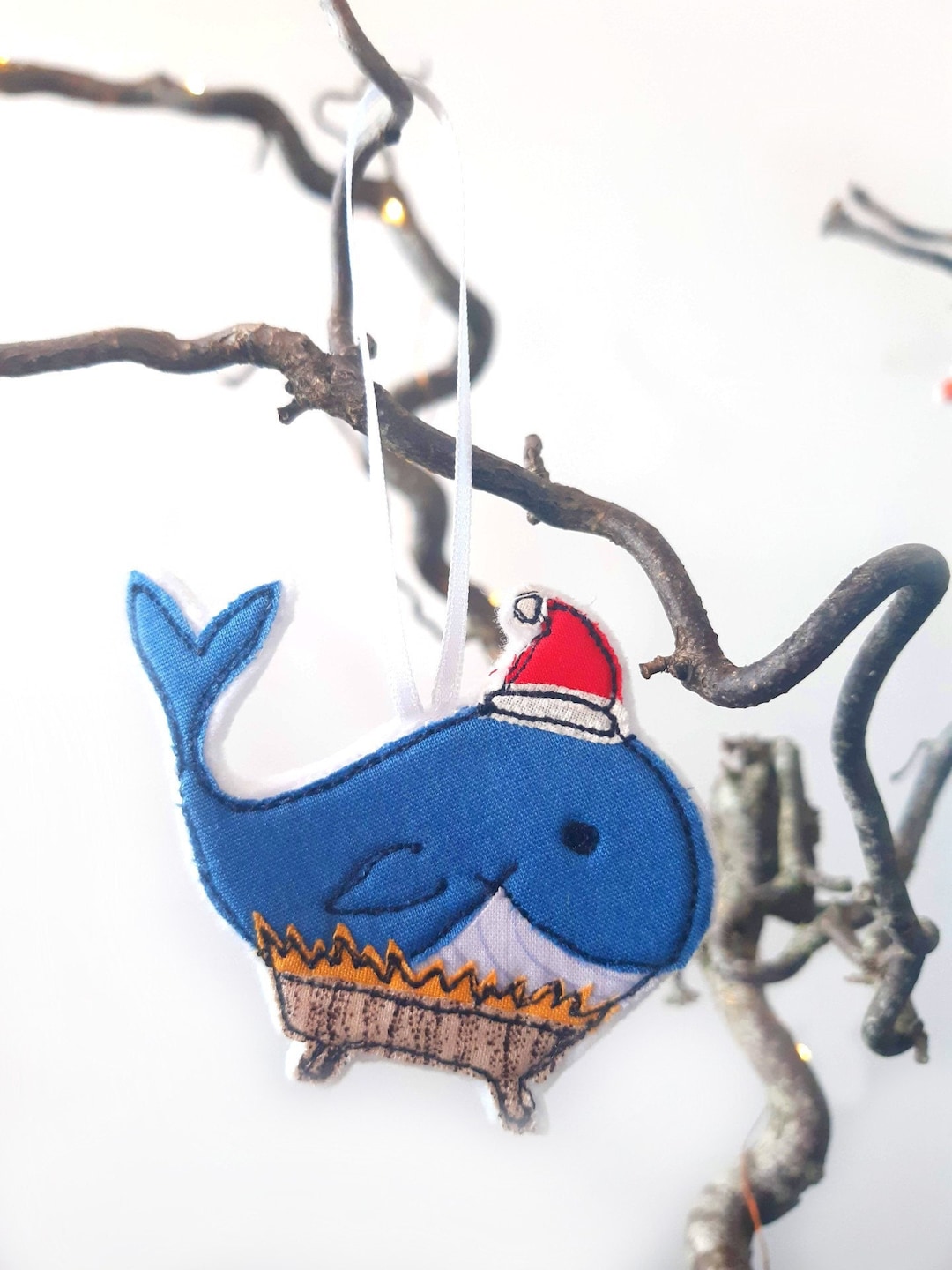A Whale in a Manger Handmade Tree Decoration Embroidered Applique Whale ...