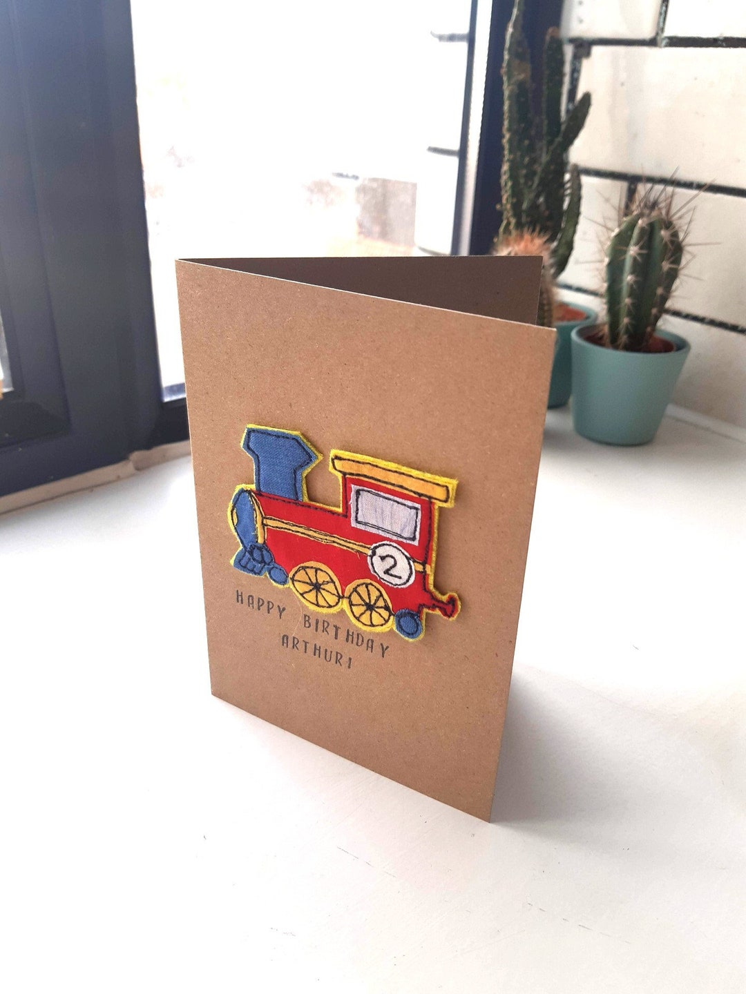 Train Birthday Card - Free Motion Embroidered Train Motif Mounted on an ...