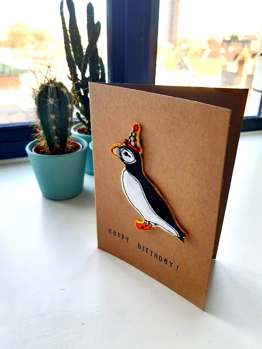 Party Puffin Birthday Card Free Motion Embroidered Puffin in a Party ...