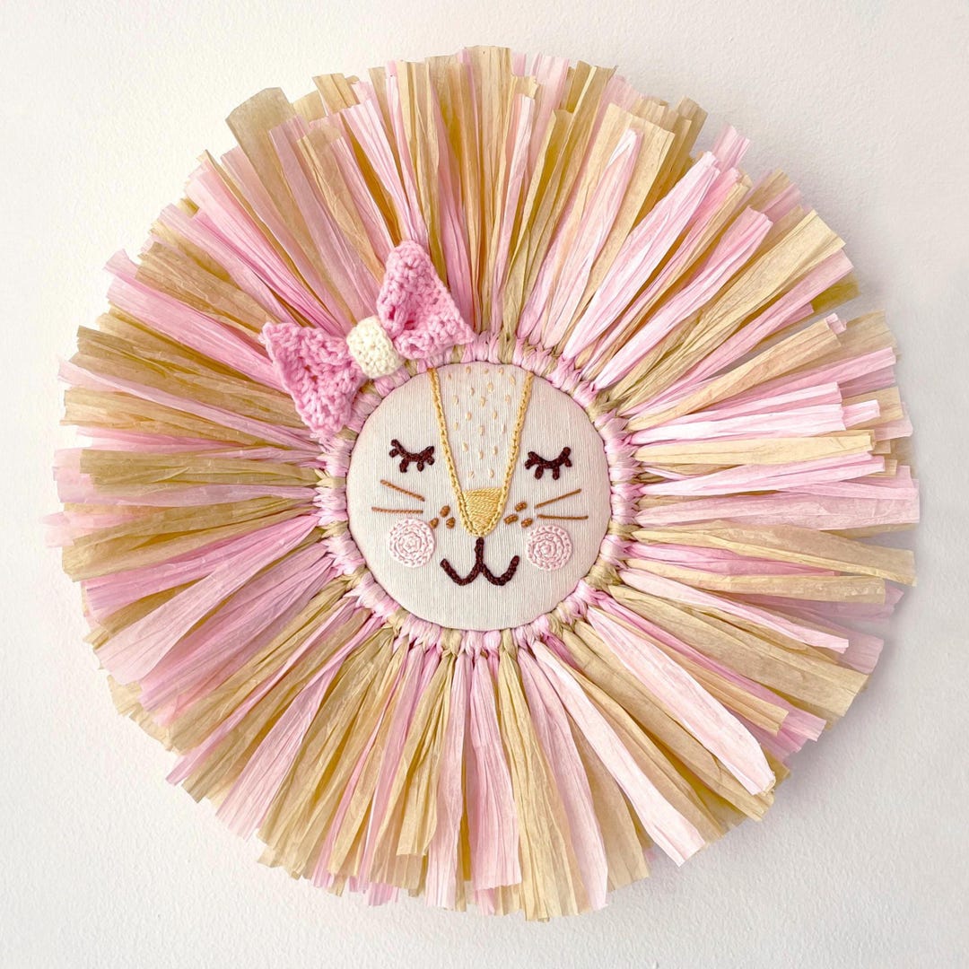 Pink Raffia Lion Head Wall Hanging. Safari Jungle Themed Nursery. Girl ...