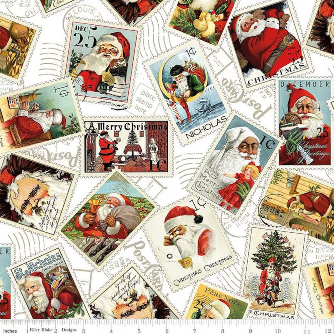 Santa Claus Postage Stamp Christmas Fabric - J. Wecker Frisch 100% ...