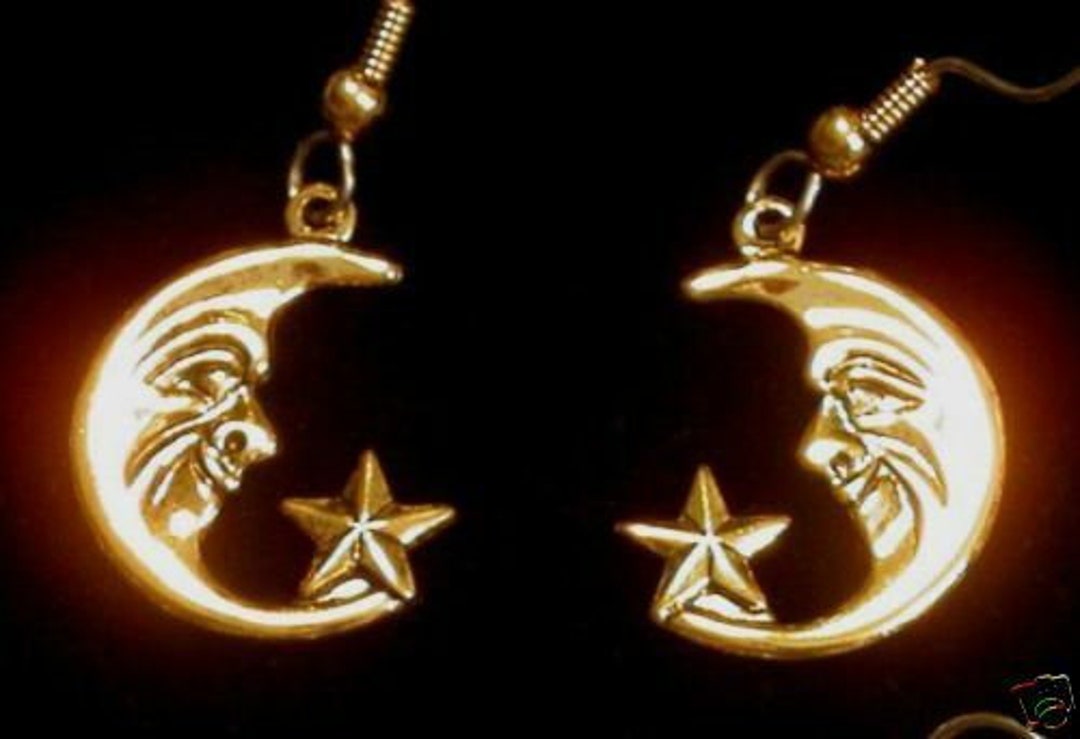 Celestial Half Moon Faces Earrings 24 Karat Gold Plate Man in the Moon ...