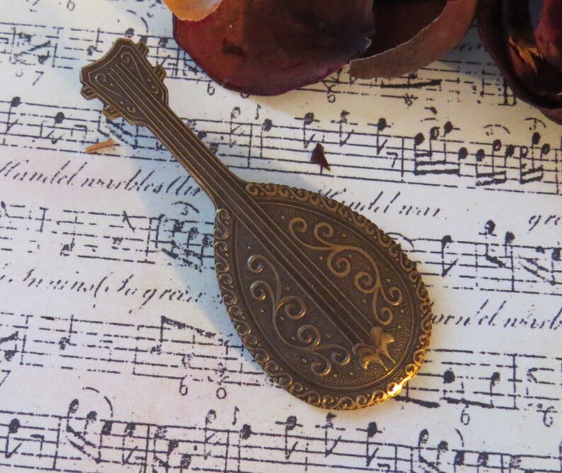 Mandolin Pin Brooch Antiqued Brass Music Orchestra Band or Oxidized ...