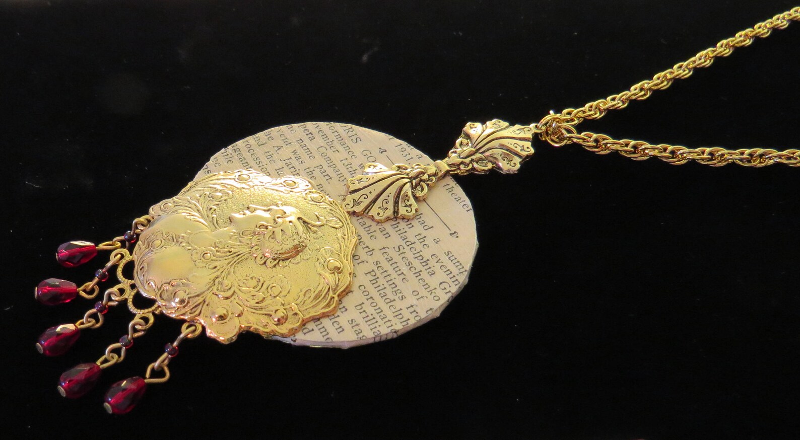 Lady Vanity Mirror Mixed Media Necklace Gold Plate Ruby Red Glass Book ...