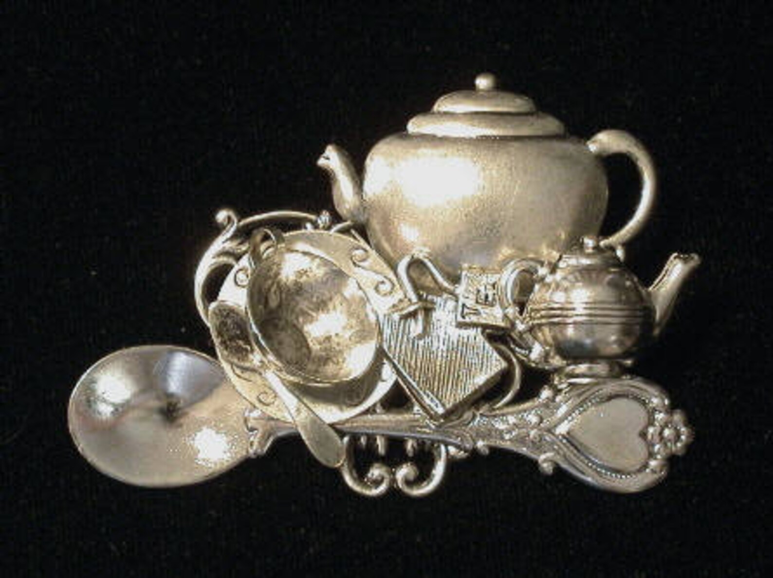 Tea Time Pin Brooch Oxidized Matte Silver and Silver Plate Tea - Etsy