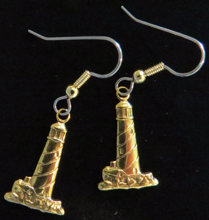 Lighthouse Earrings Light House Striped 24 Karat Gold Plate or Oxidized Matte Silver Lighthouses ...