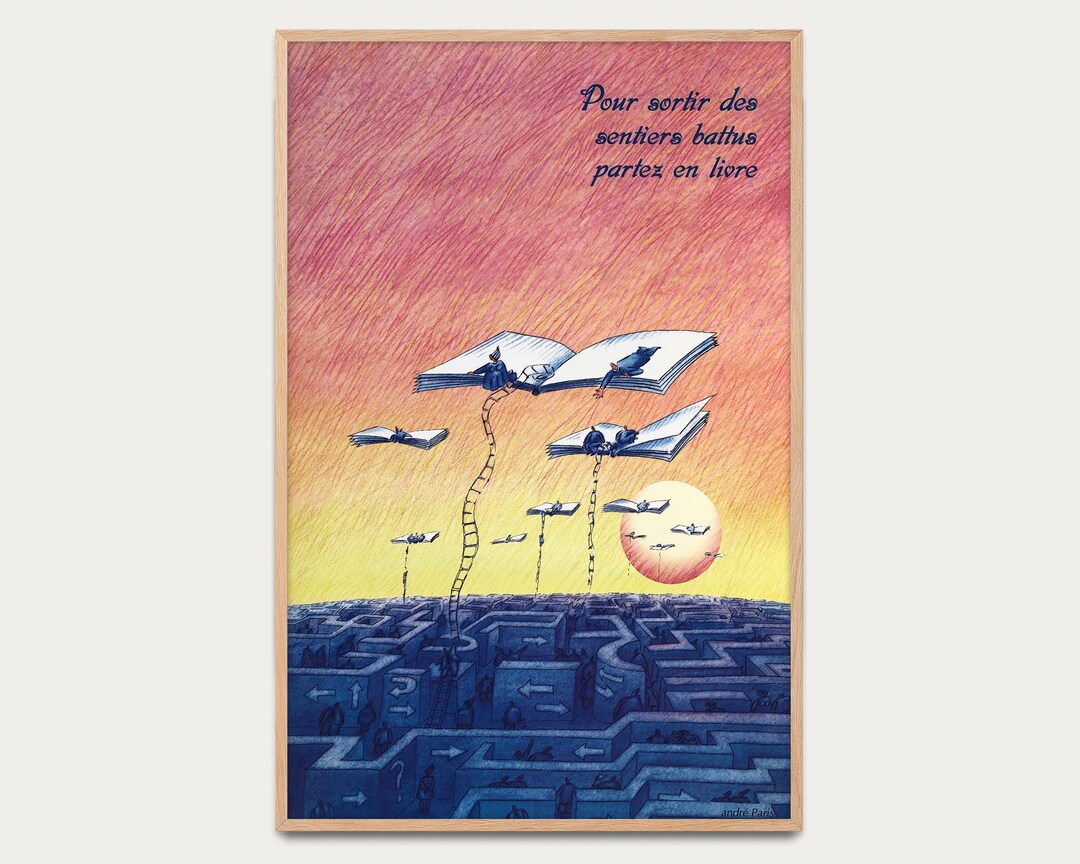 Vintage 90s Reading Promotion Poster, Flying Books Illustration, Retro ...