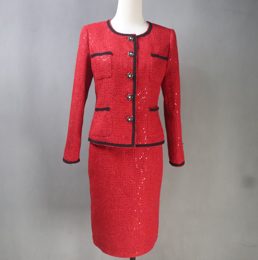 Red Sequinned Tweed Suit: Custom Women's Jacket and Skirt - Etsy