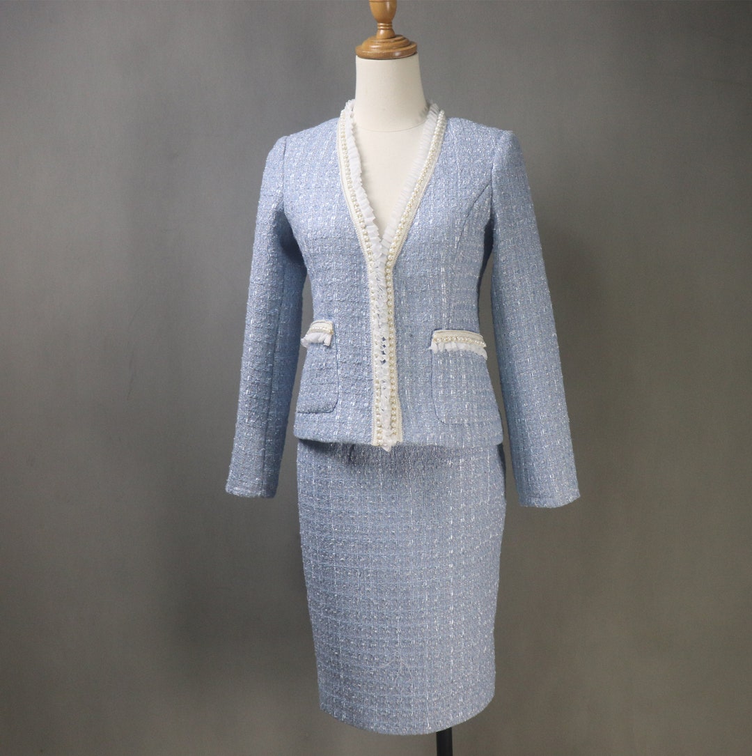Custom Made Blue Suit White Pearls and Ruffle Trim Tweed Sky Blue ...