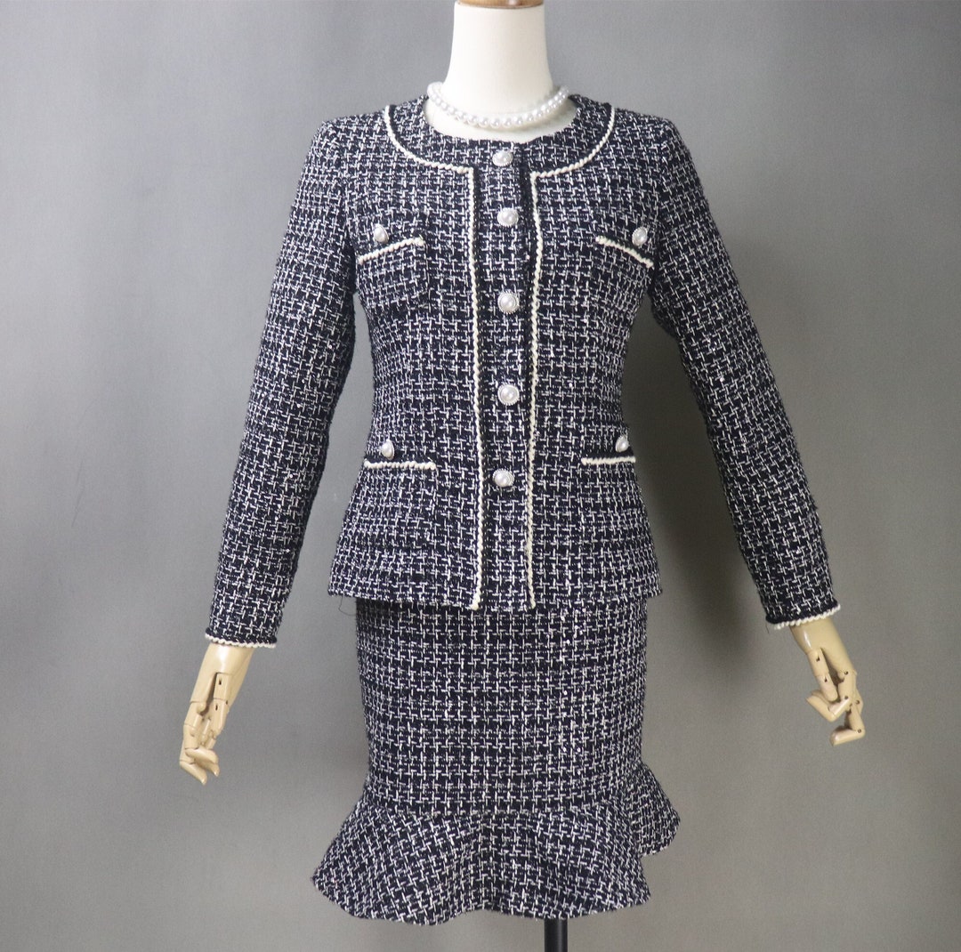 Black Tweed Suit – Custom Made Pearl Button Jacket With Dress, Skirt ...