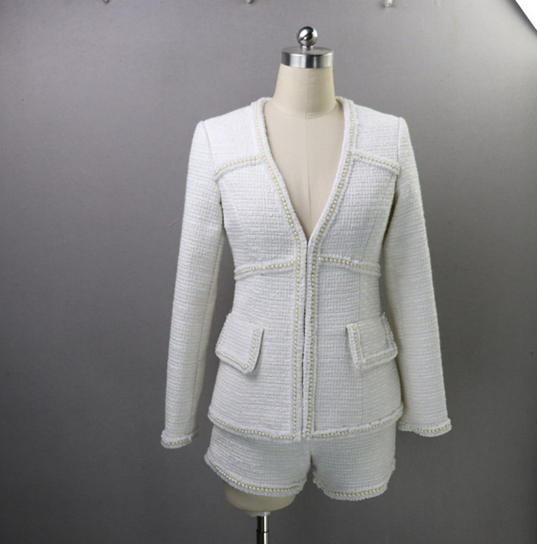 Women’s Custom Made White Tweed Suit – Plus Sizes – V-neck Pearl Jacket ...