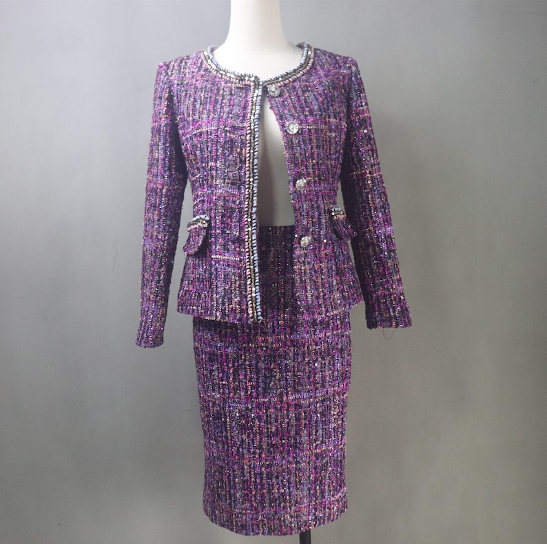 Custom Purple Tweed Skirt Suit With Jacket – Classic Two-piece Outfit ...