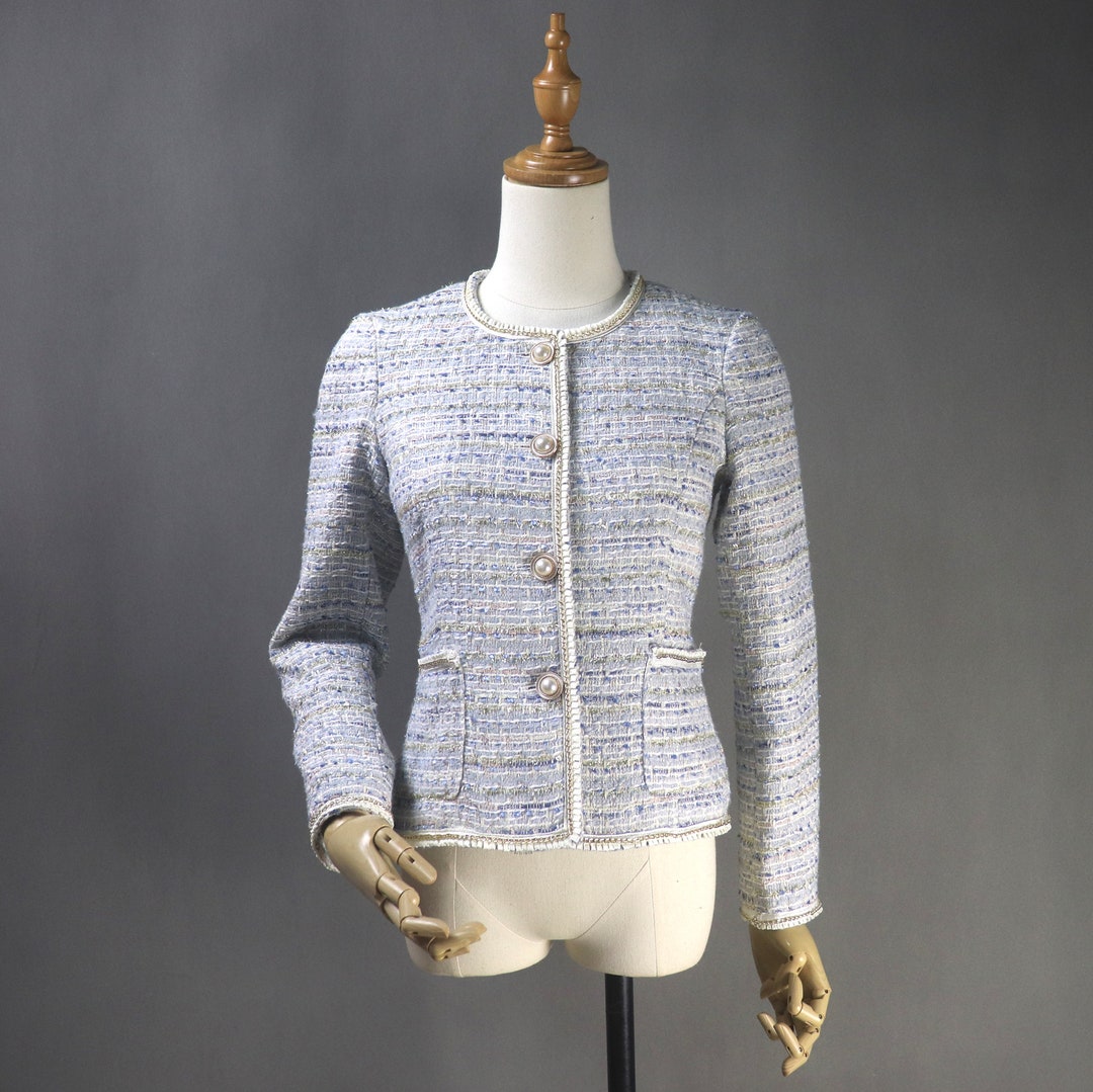 Women’s Light Blue Tweed Jacket – Custom Made, Sparkle Threads & Chain ...