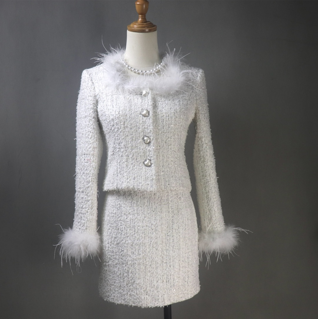 Custom White Tweed Suit: Feather & Pearl Trim, Sequinned Jacket - Etsy