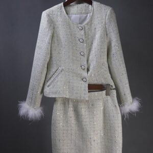 Custom Beige & Gold Tweed Suit With Sequins and Fur Cuffs – Graduation ...