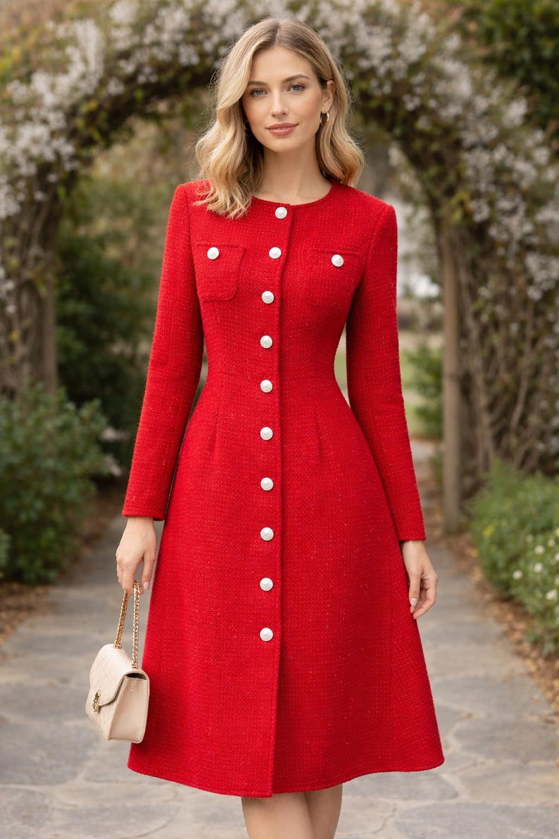 Custom Red Sparkle Tweed Fitted Long Coat Dress– Any Length, Any Size ...