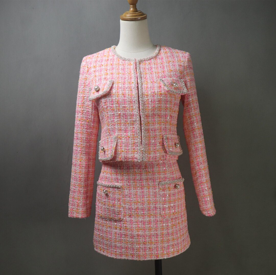Custom Pink Tweed Suit Plus Size Sequinned Checked Pattern Blazer ...