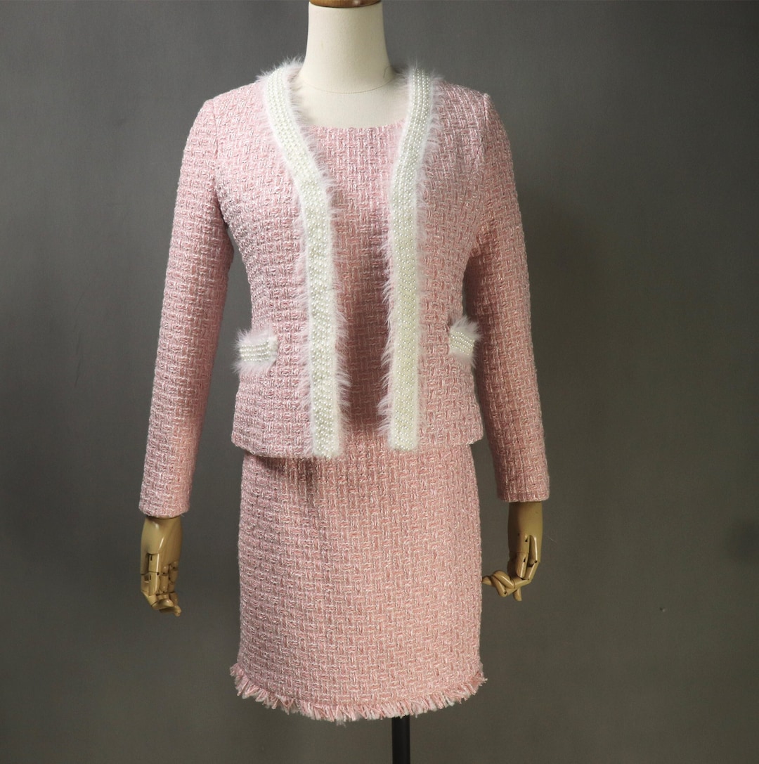 Pink Tweed Suit: Custom Pearl Faux Fur Trim Jacket Dress - Etsy