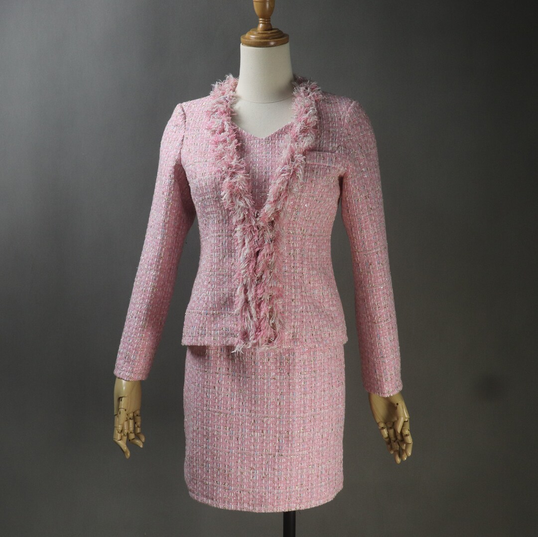 Pink Tweed Dress Suit / Custom Made / Plus Sizes / Tassel Fringe Jacket ...