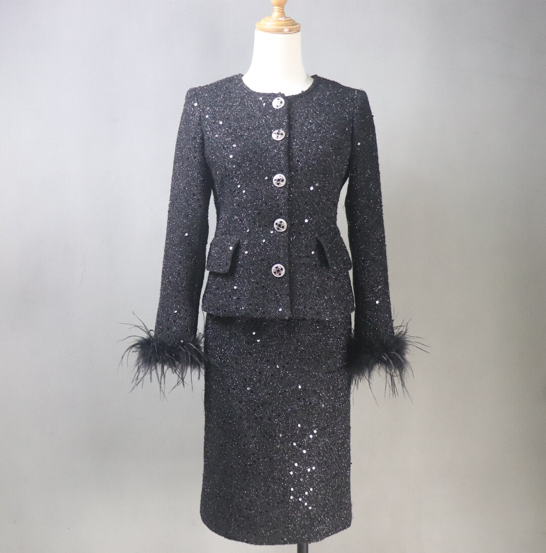 Black Tweed Suit / Custom Made / Faux Fur Cuff Jacket + Long Skirt ...