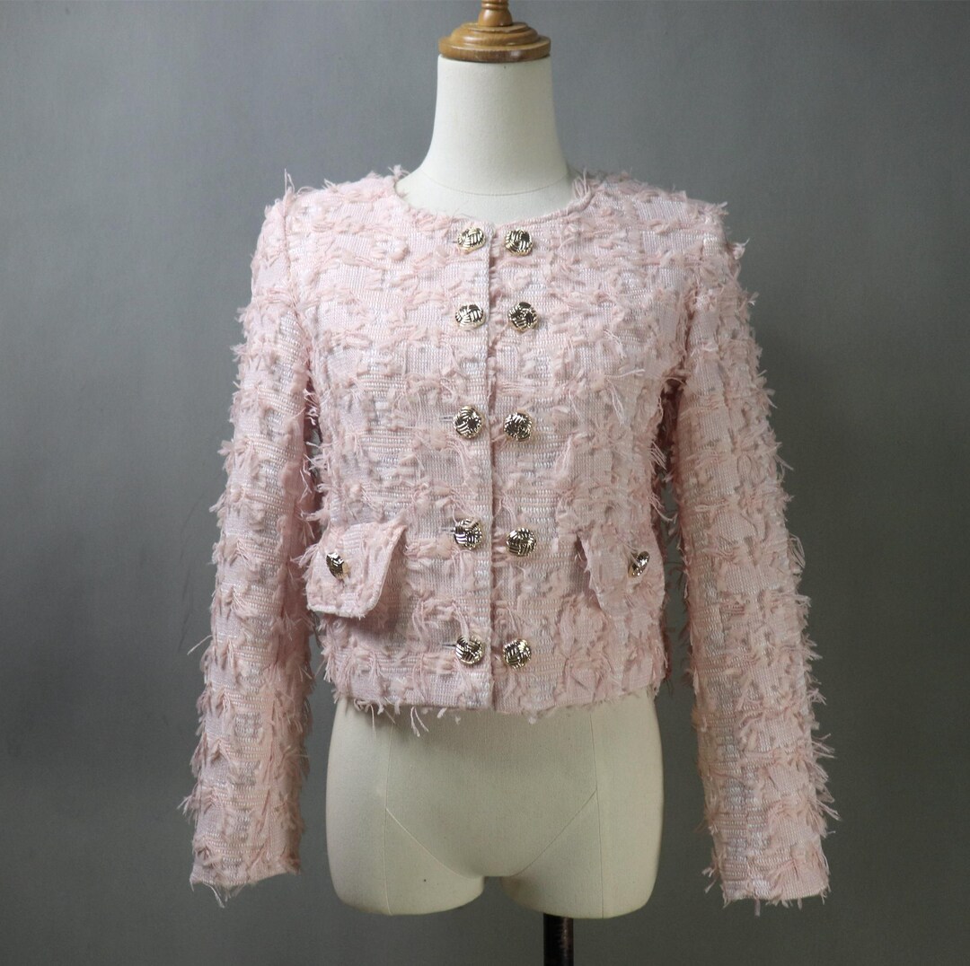 Light Pink Tweed Crop Jacket: Custom Fit Plus Size Fluffy Textured ...