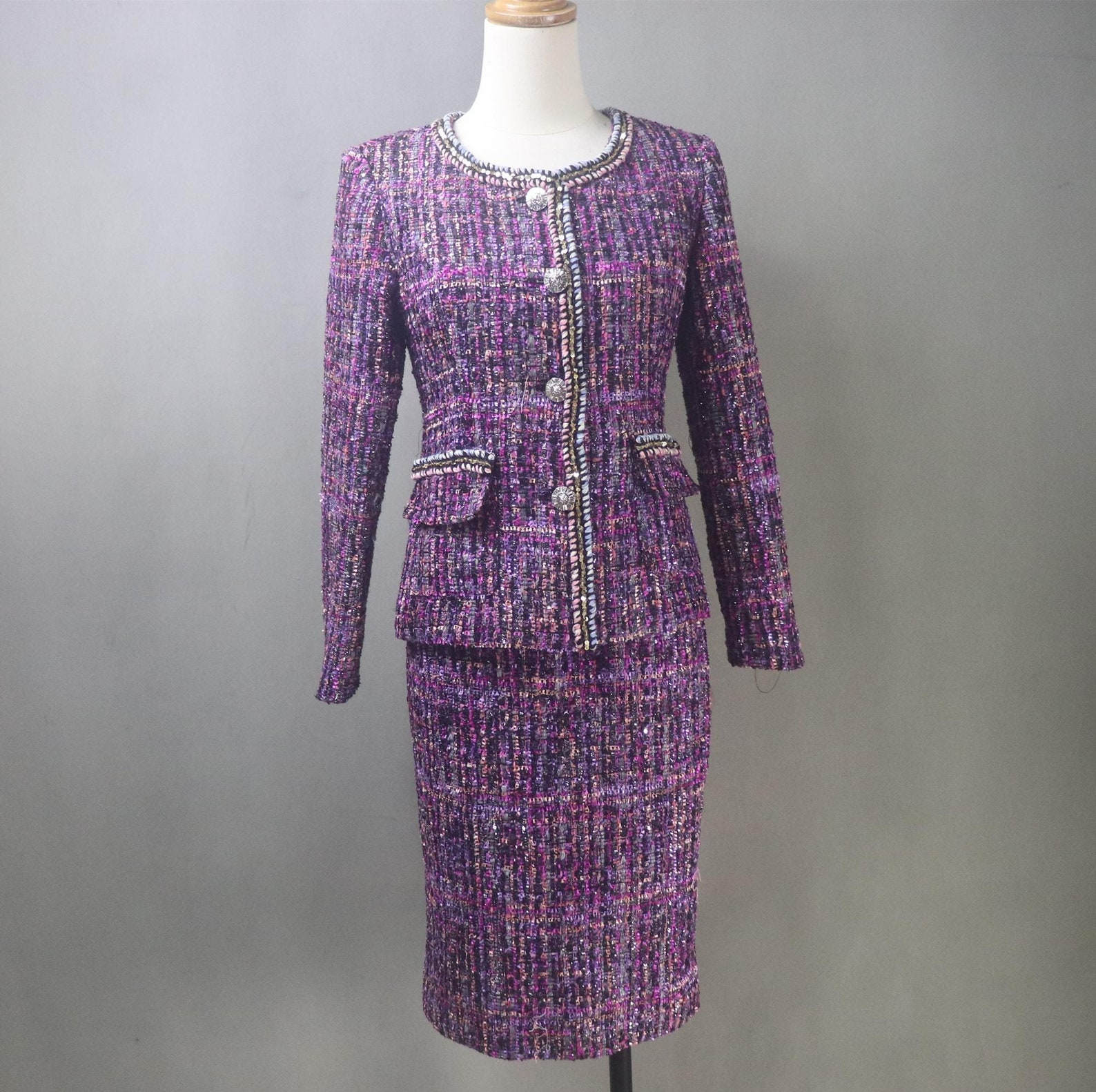 Custom Purple Tweed Skirt Suit With Jacket – Classic Two-piece Outfit ...