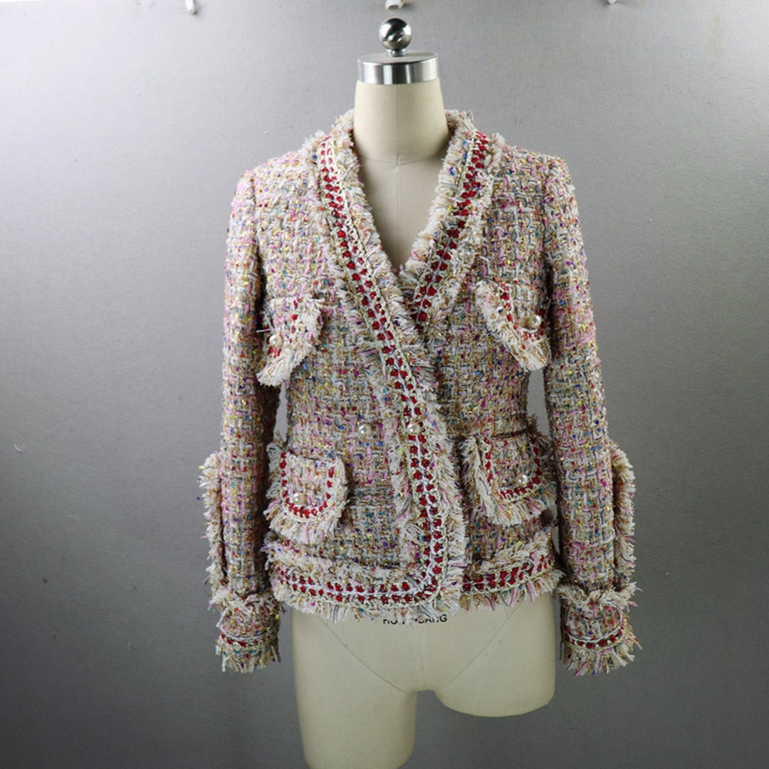 Multi-color Tweed Jacket With Tassel Trim & Pearl Buttons – Custom Made ...